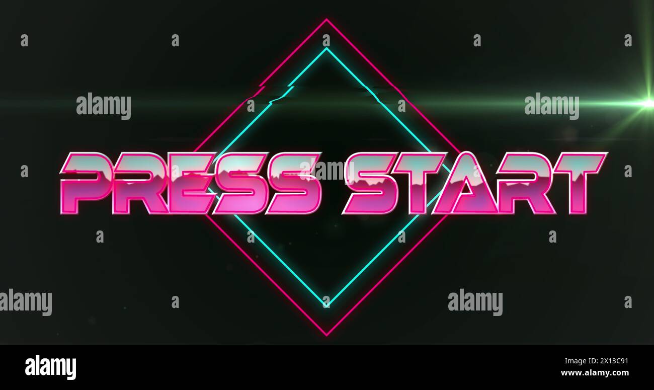 Image of press start text over rhombuses and lens flares against black ...