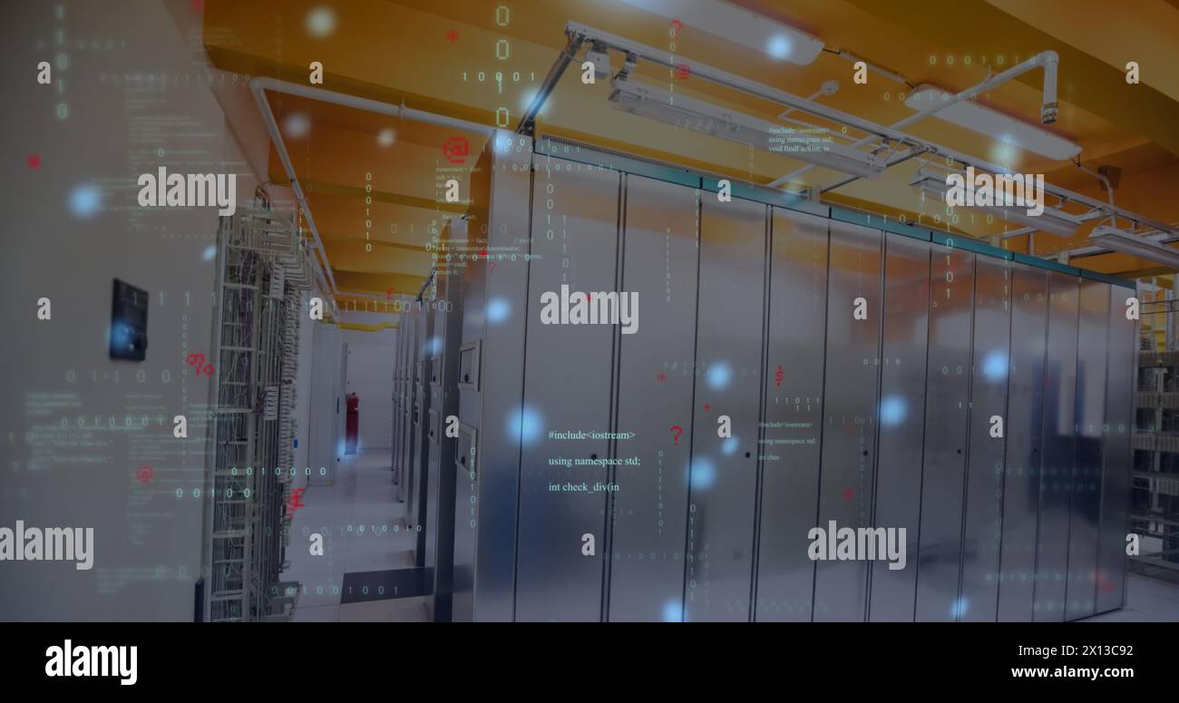Image of data processing, symbols and blue glowing spots against computer server room Stock ...
