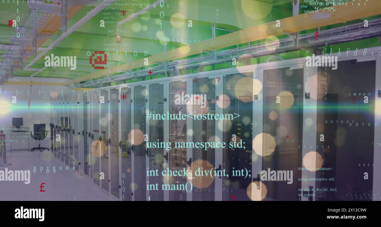 Image of data processing, symbols, white spots and light trails against computer server room ...