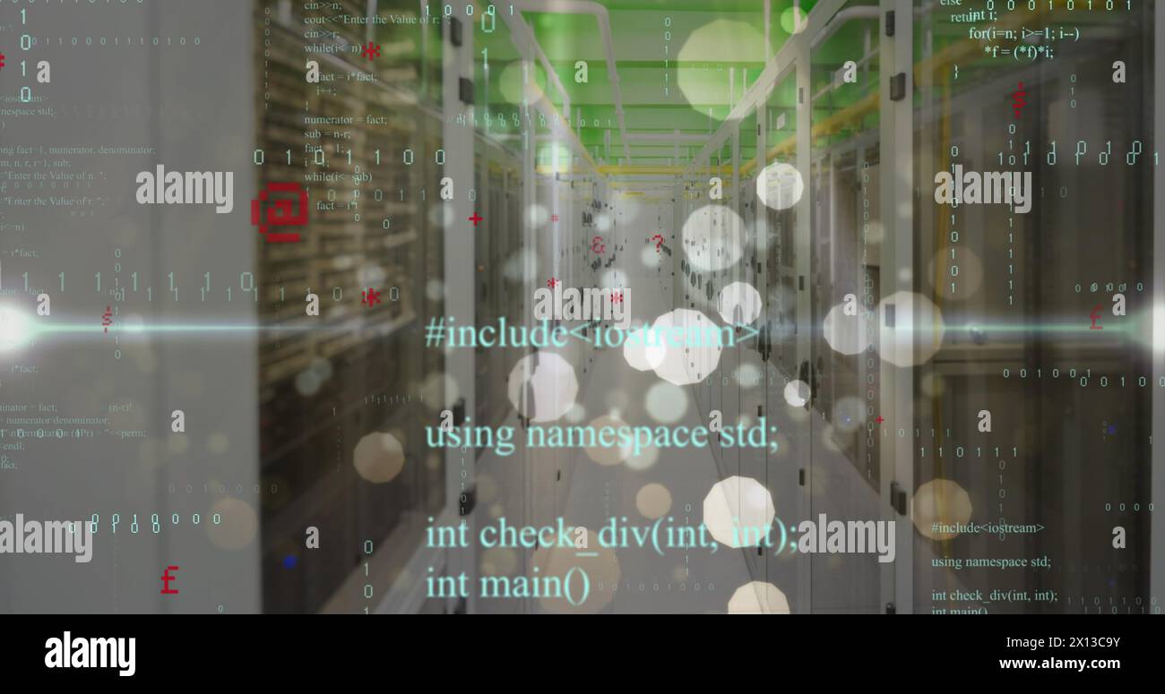 Image of data processing, symbols, white spots and light trails against computer server room ...