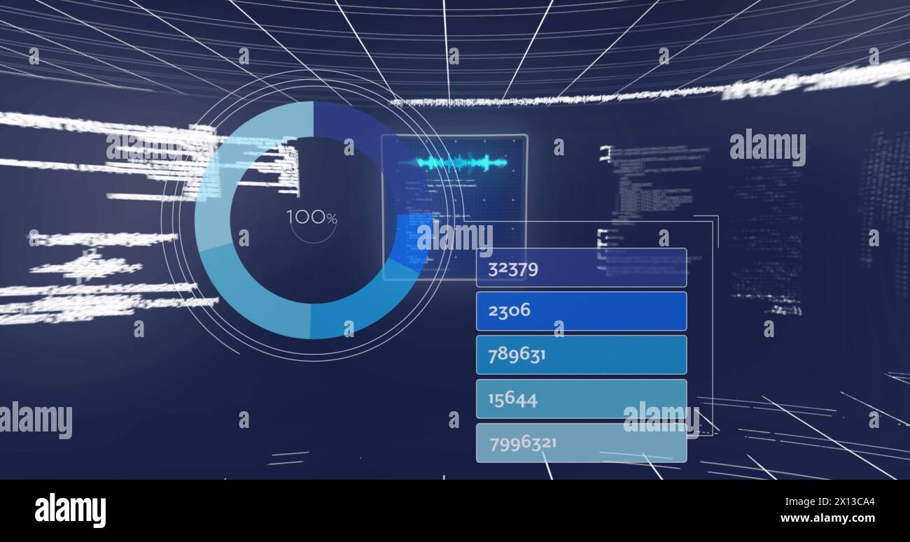 Image of multiple screens with data processing over grid network against blue background Stock ...