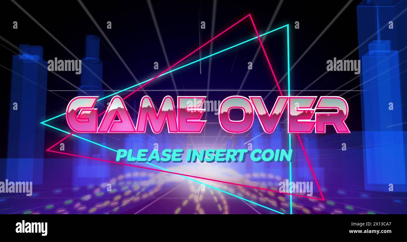 Image of game over, please insert coin text over triangle against 3d ...