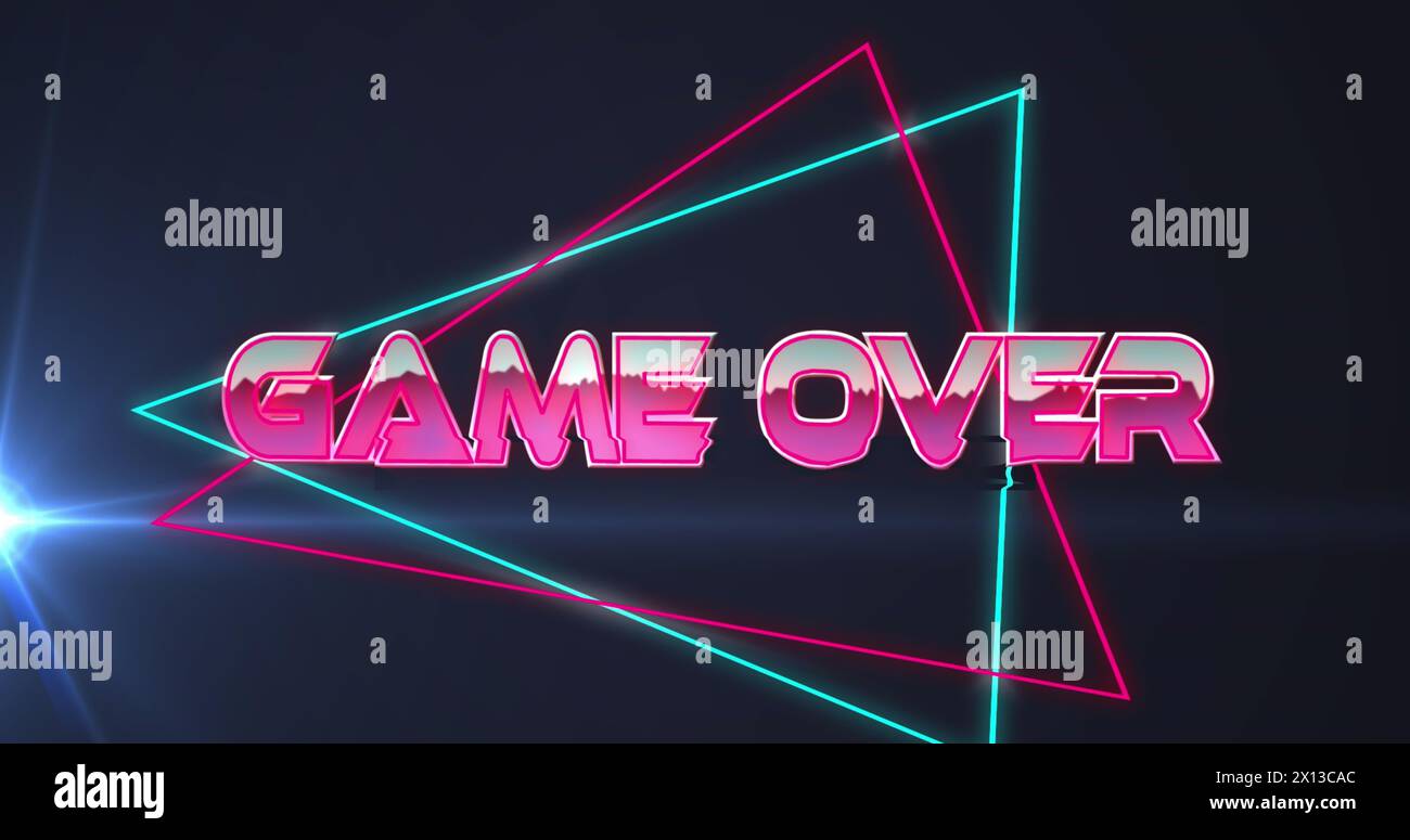 Image of game over text on triangles and lens flares against black ...