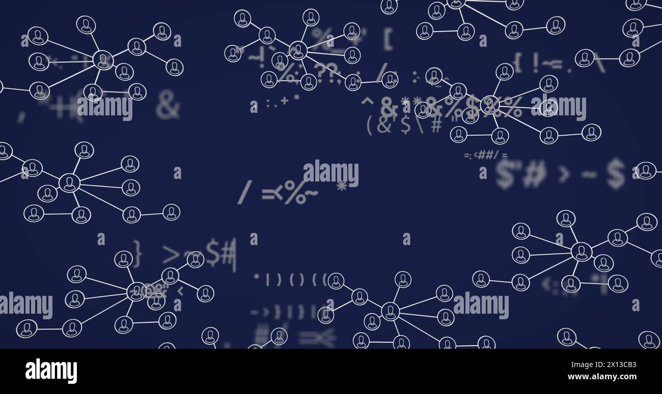 Image of network of profile icons and changing mathematical symbols ...