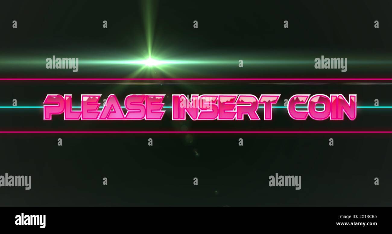 Image of please insert coin text between lines over lens flares against ...