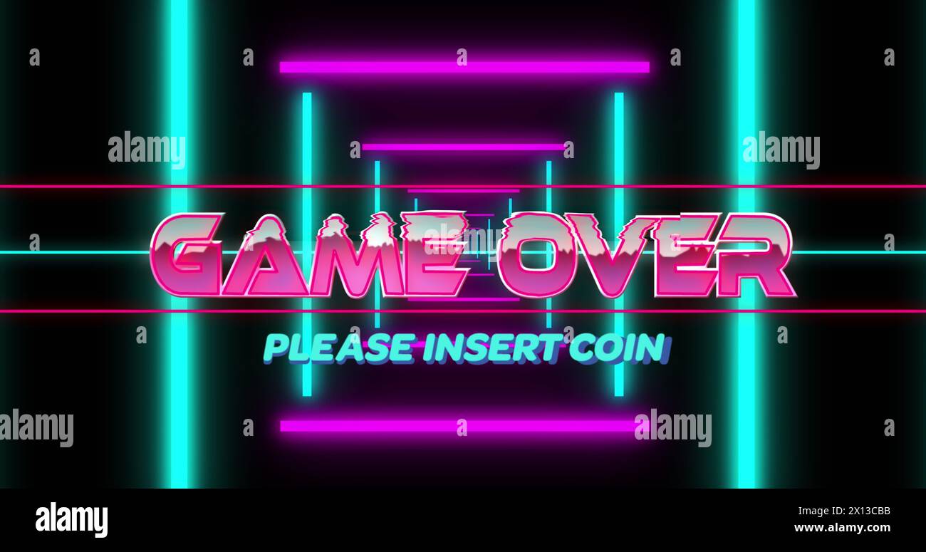 Image Of Game Over Text Please Insert Coin Text Over Illuminated Lopping Square Tunnel Stock 