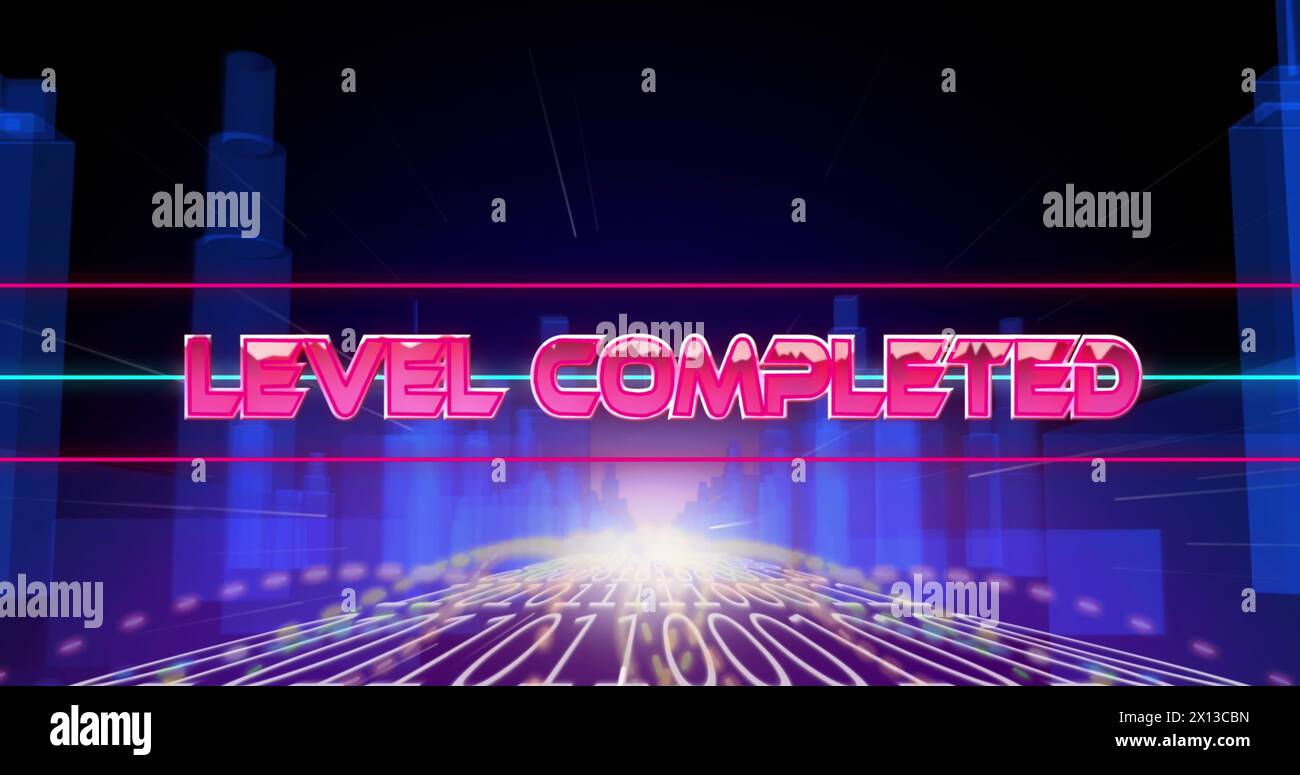 Image Of Level Completed Text And Looping Binary Codes Over 3d