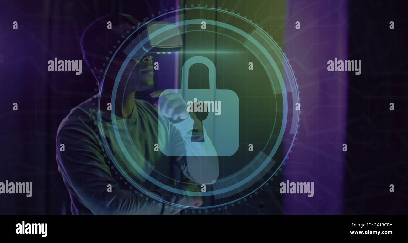 Image of security padlock icon over african american male engineer ...