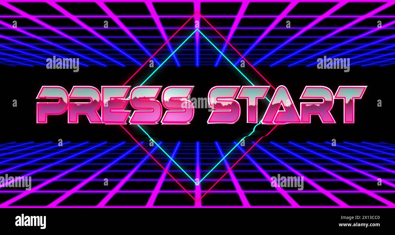 Image of press start text over rhombuses and grid pattern against black ...