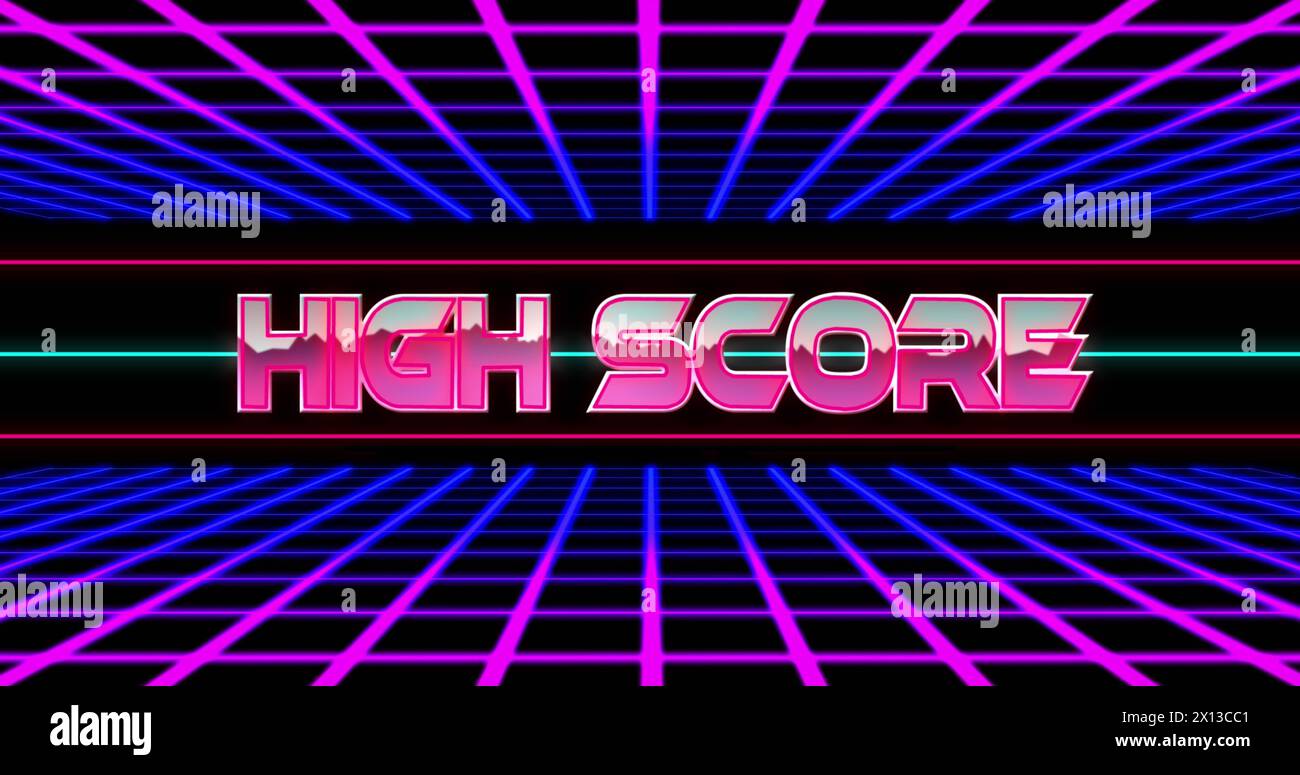 Image of high score text between lines with grid pattern against black ...