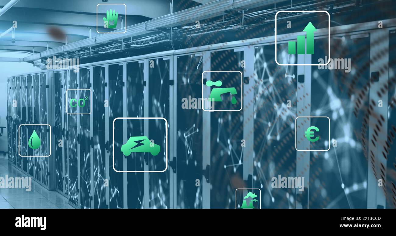 Image of green technology icons and connected dots on data server racks ...