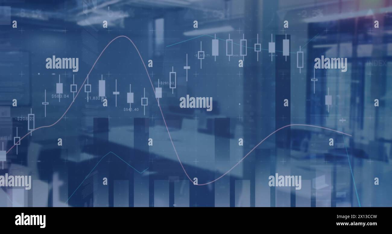 Image of multiple graphs moving over empty chairs and table arranged in ...
