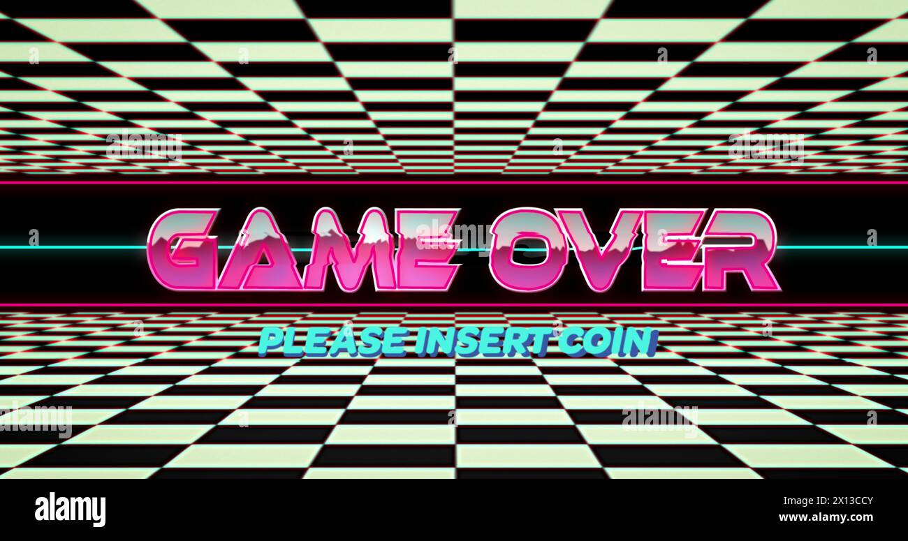 Image of game over, please insert coin text over black and white square ...