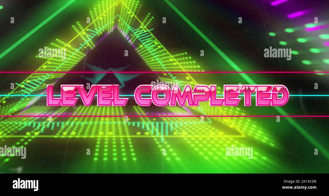 Image of level completed text over triangular looping tunnel against ...