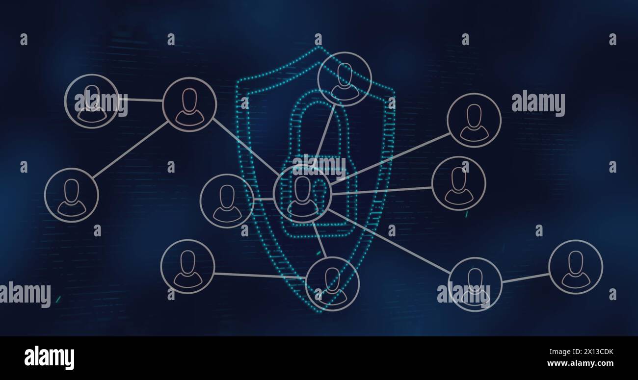 Image of network of profile icons over security padlock icon against ...