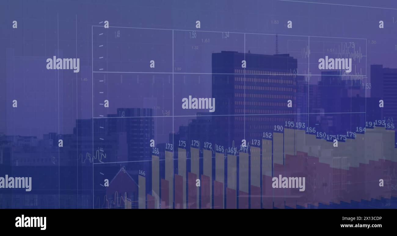 Image of graphs and numbers moving over modern buildings under sky in ...