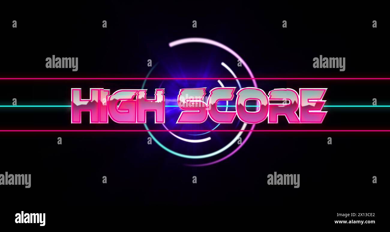Image of high score text in lines over illuminated circles and lens ...