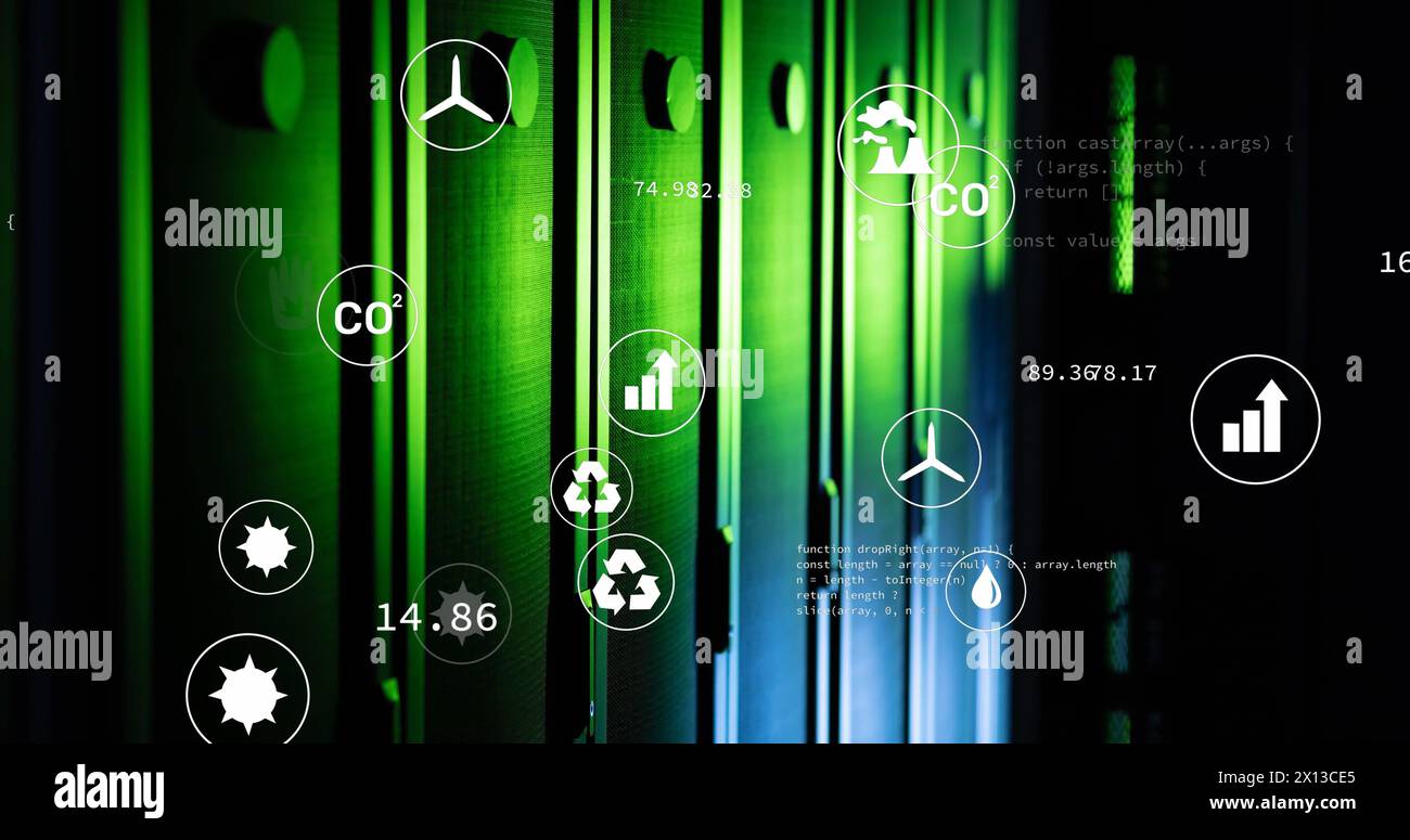 Image of green technology icons, coding over data server racks Stock ...