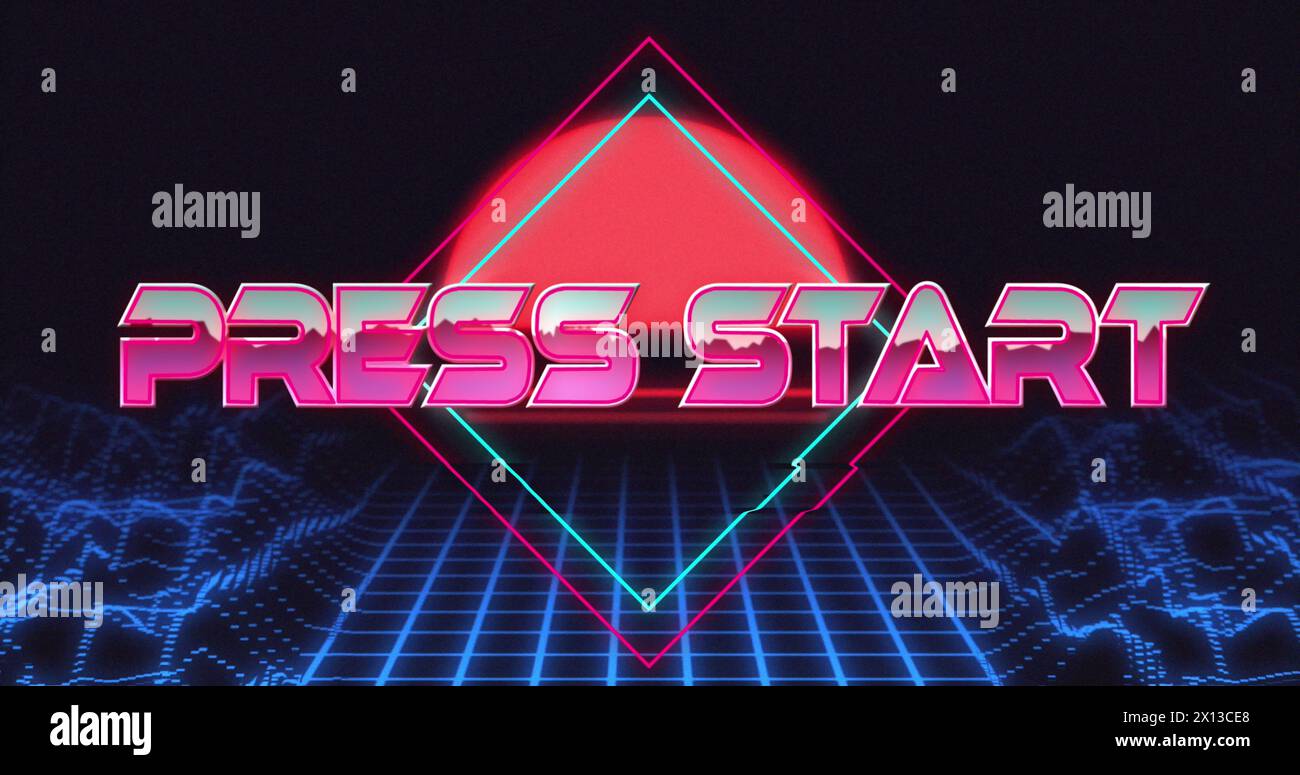 Image of press start text over rhombuses and wavy grid pattern against ...