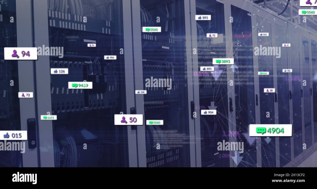 Image of notification with numbers icons and arrows over data server ...