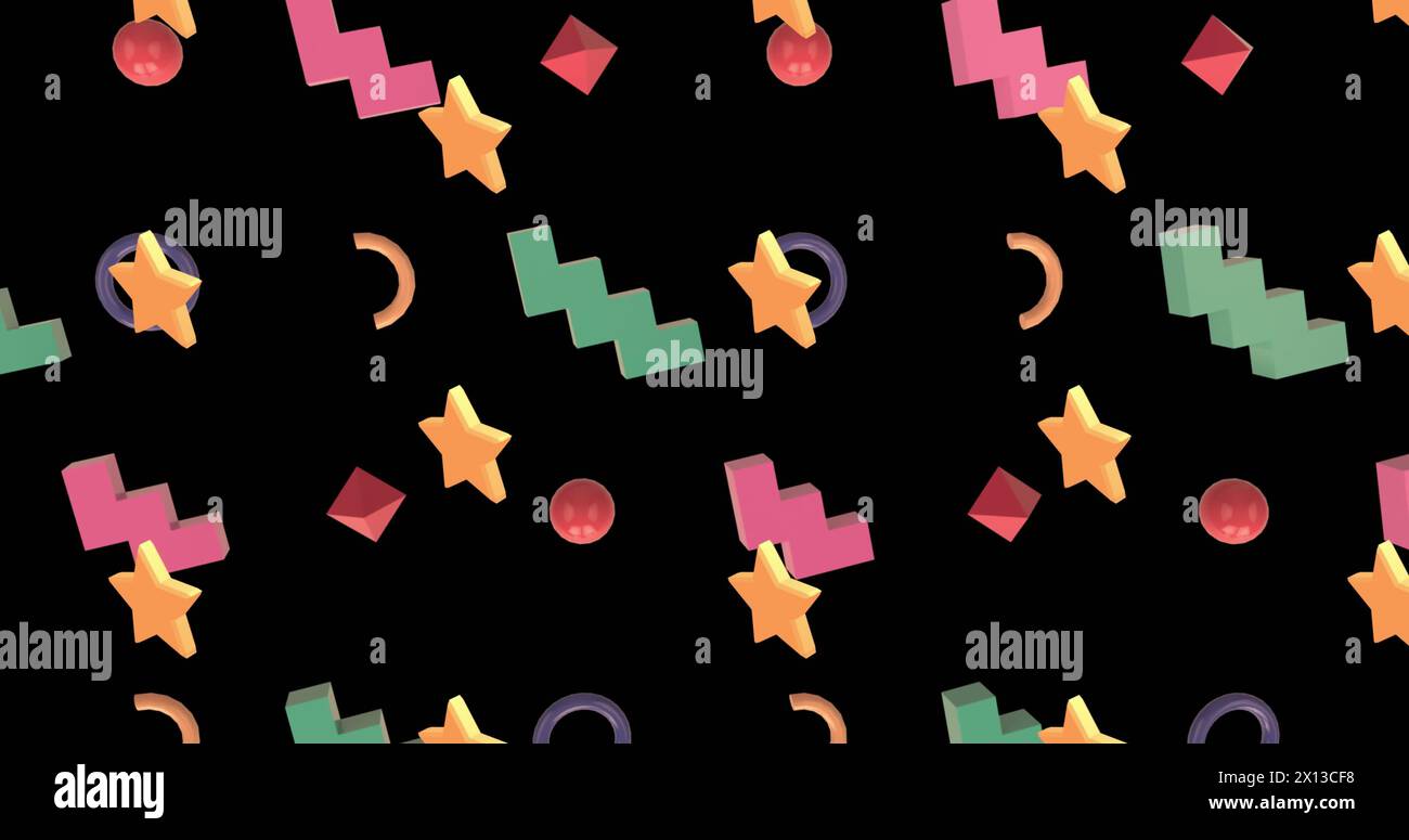 Image of colourful shapes repeated on black background. Abstract ...