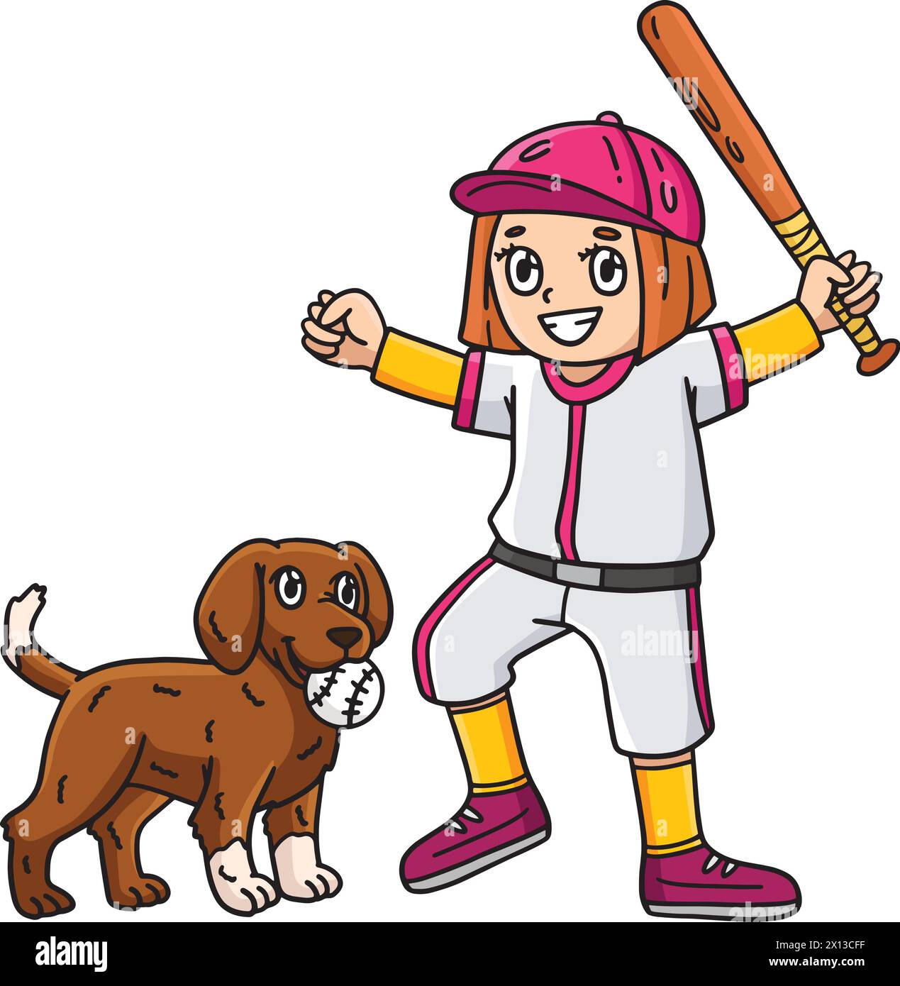 Girl Playing Baseball with a Dog Cartoon Clipart Stock Vector Image ...