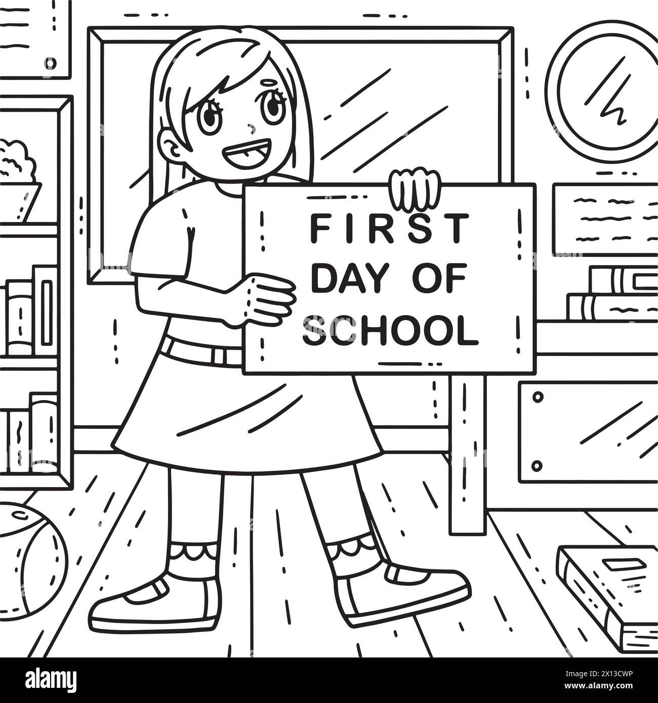 First Day of School Child with a Banner Coloring Stock Vector Image ...