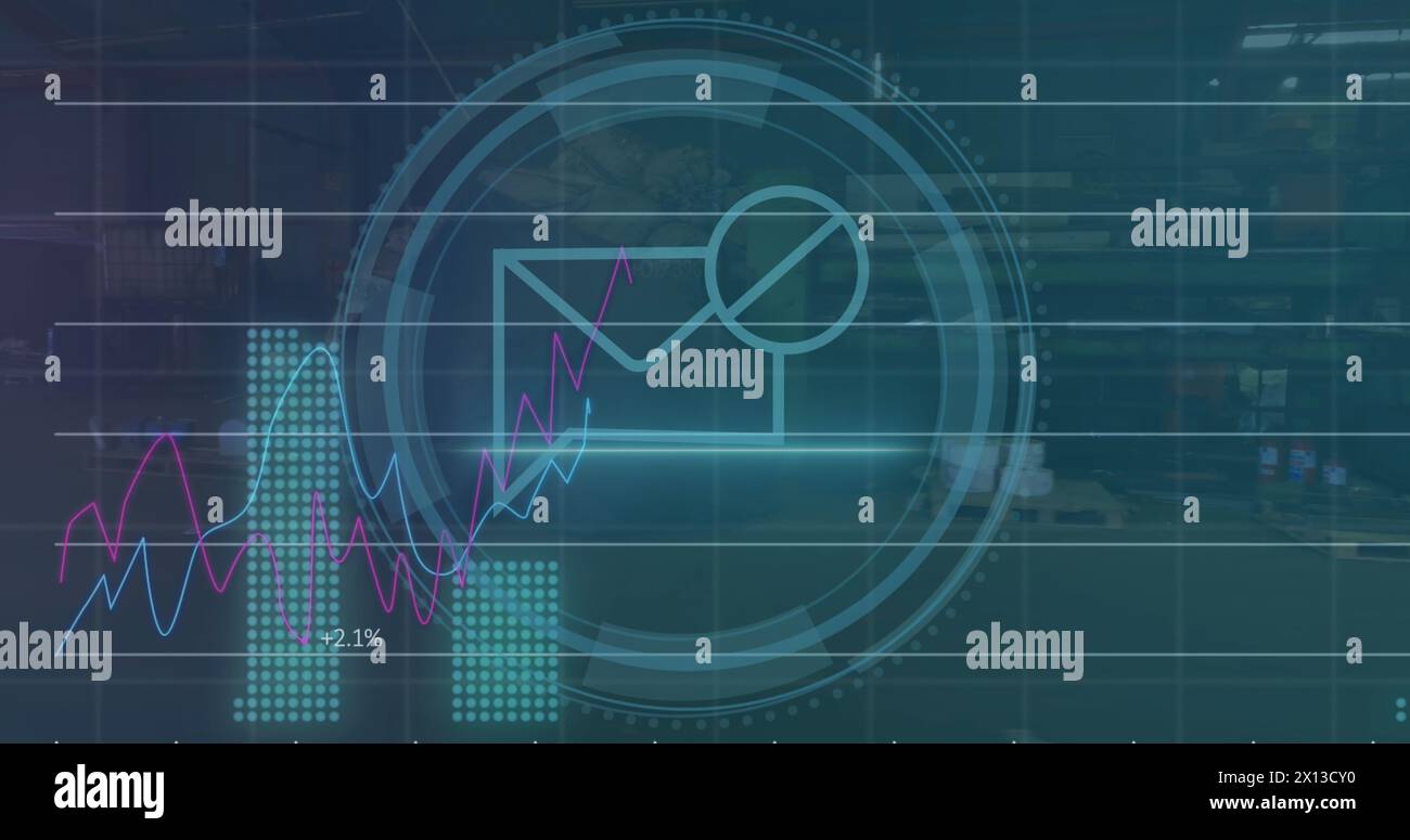 Image of cyber security text, shield, loading circles and graphs over aerial view of warehouse ...