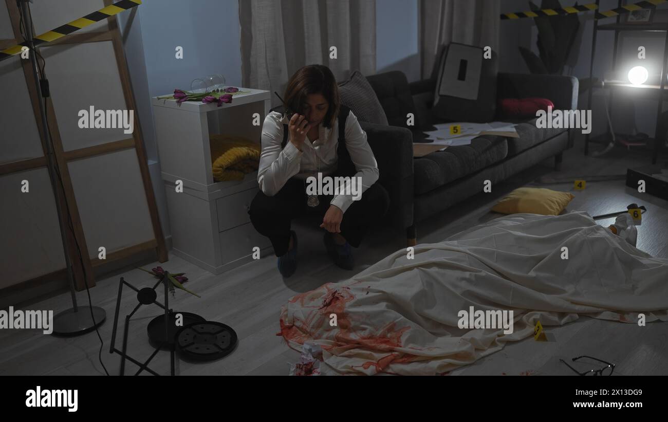 Hispanic woman detective communicates on a walkie-talkie at a crime ...