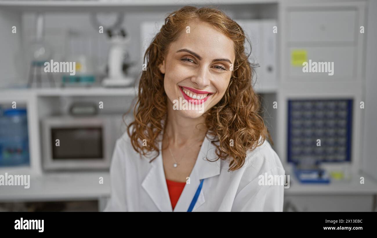 Confident young woman scientist, all smiles, masterfully navigating her ...