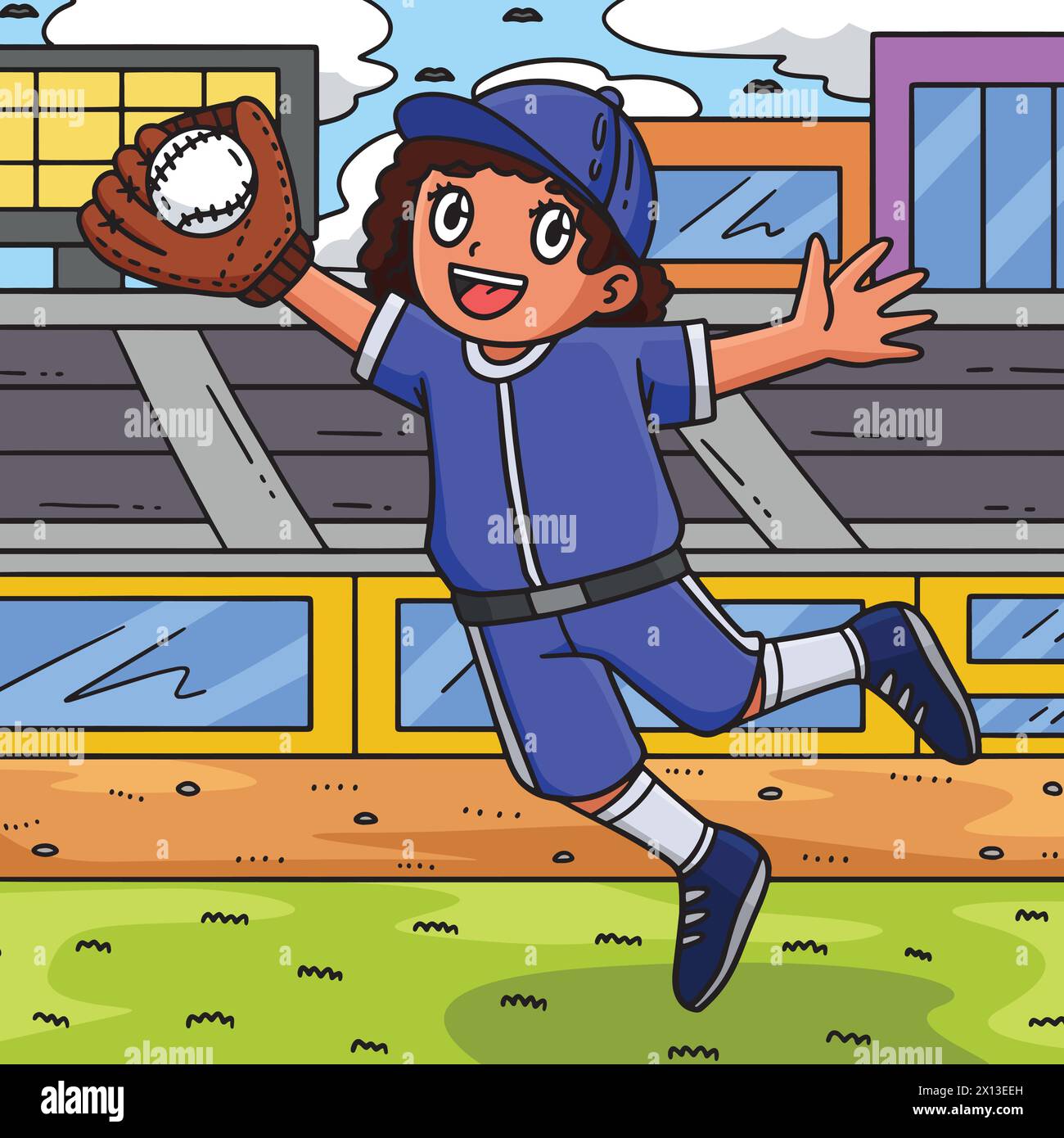 Girl Fielder Catching Baseball Colored Cartoon Stock Vector Image & Art ...