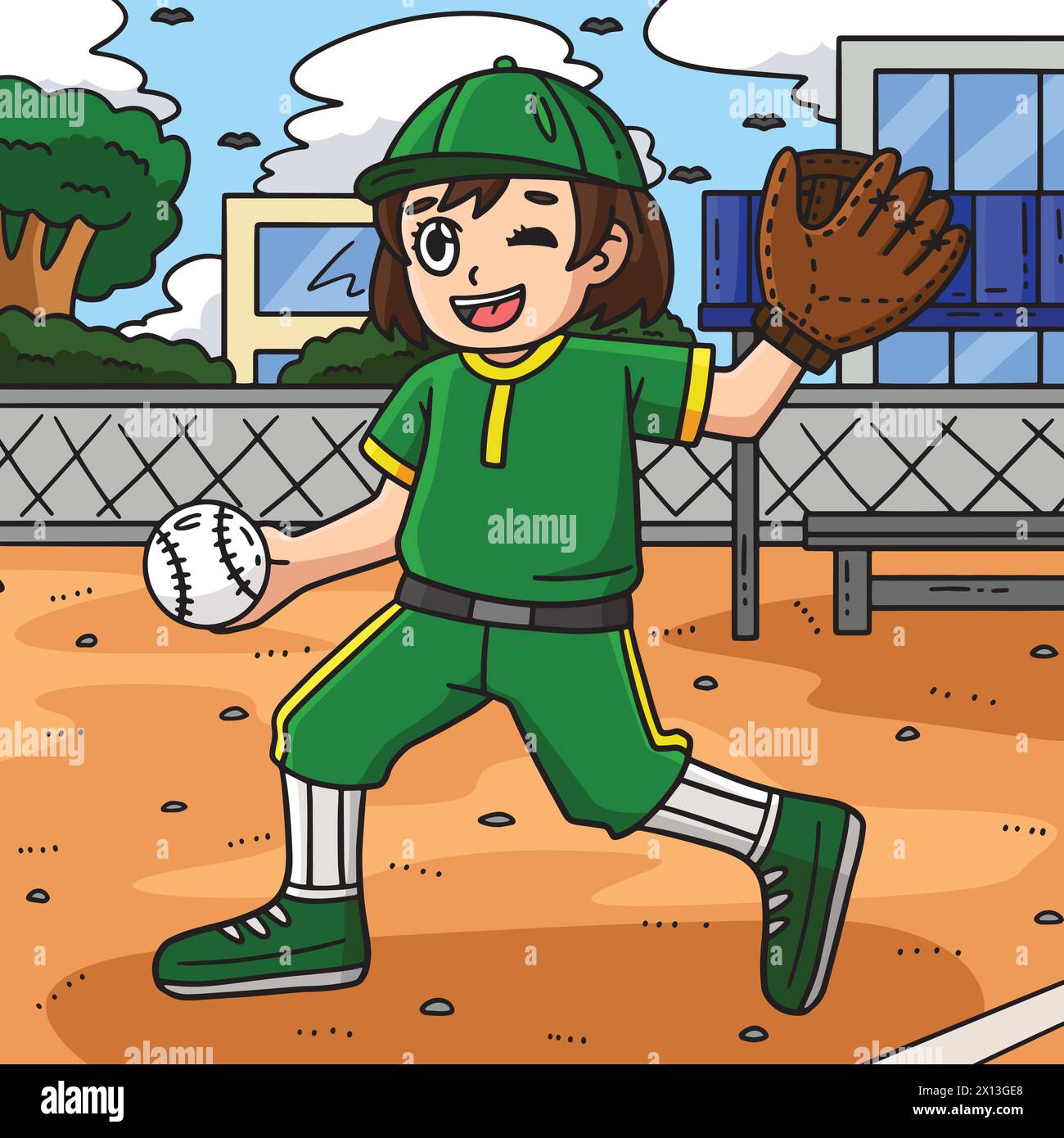 Baseball Girl Pitcher Colored Cartoon Illustration Stock Vector Image ...