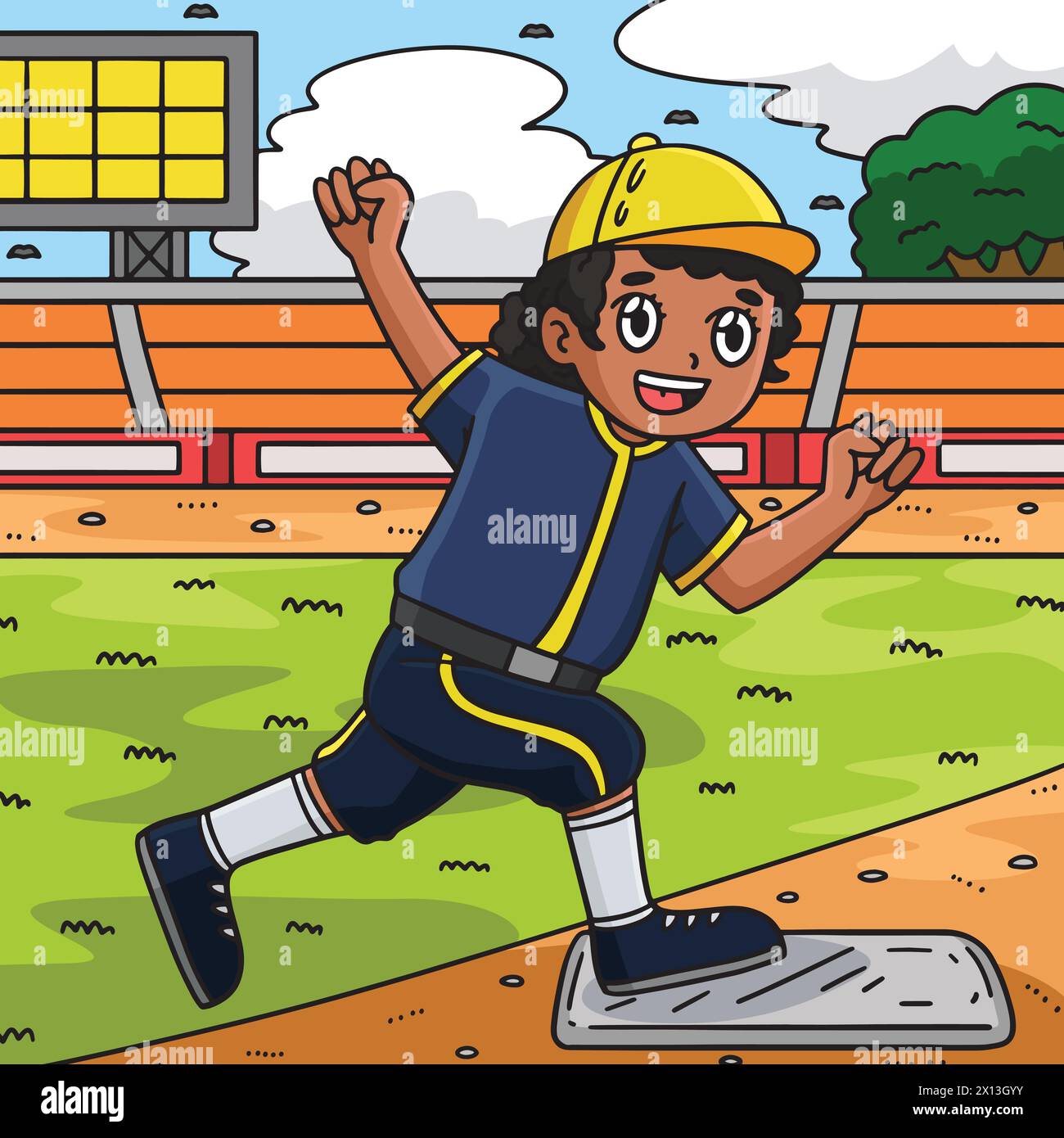 Baseball Girl Reaching Base Colored Cartoon Stock Vector Image & Art ...