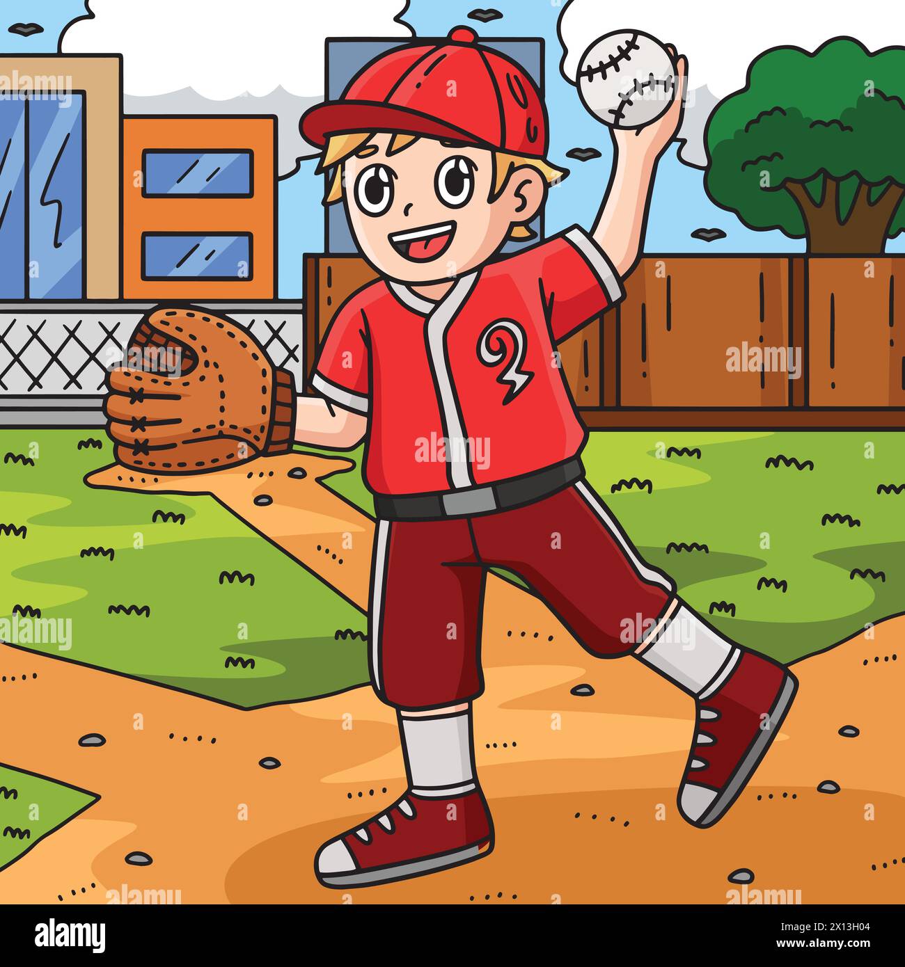 Baseball Boy Pitching Colored Cartoon Illustration Stock Vector Image ...