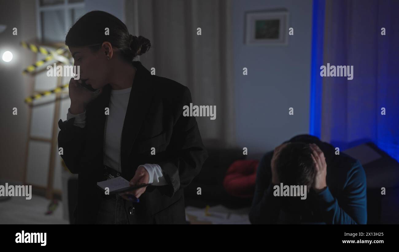 A policewoman investigates a suspicious indoor crime scene, questioning ...