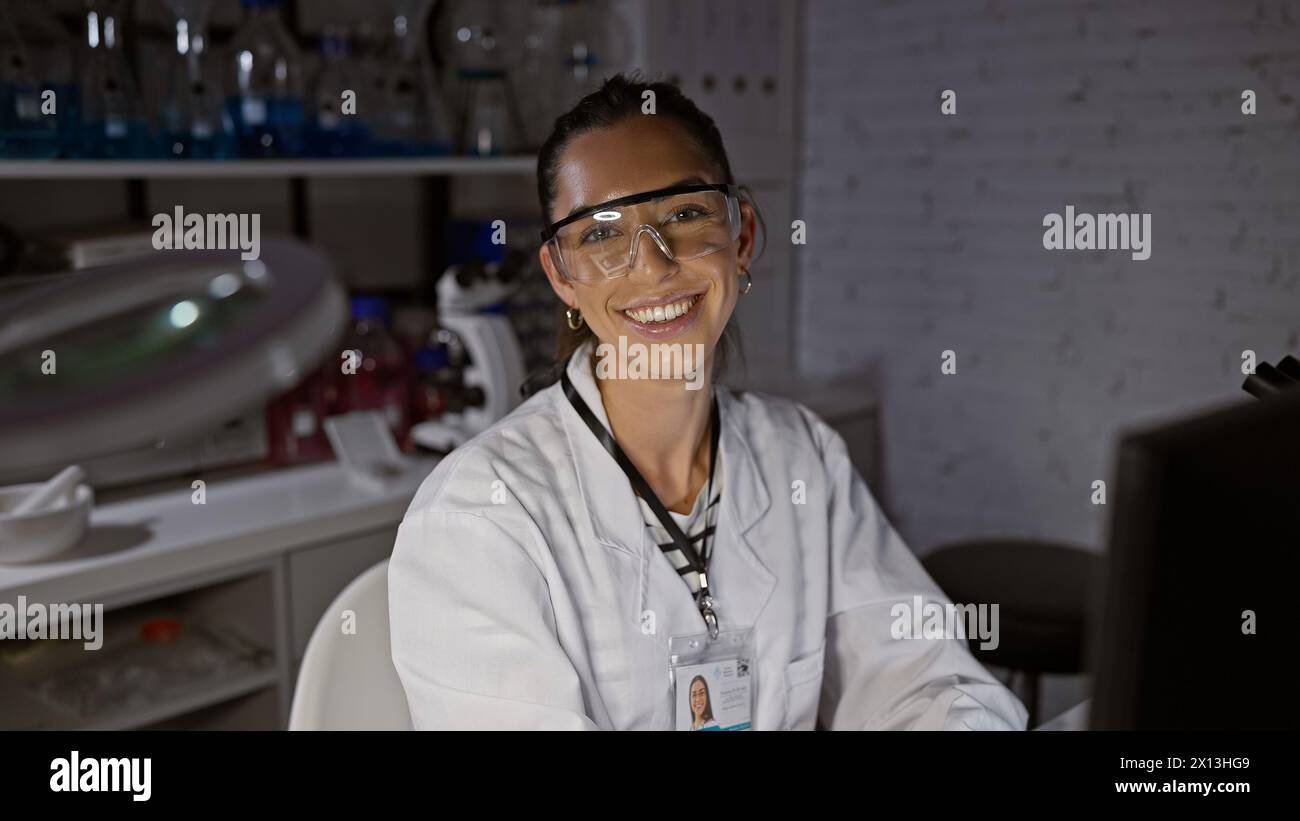 Smiling beautiful young hispanic woman scientist, bustling with ...