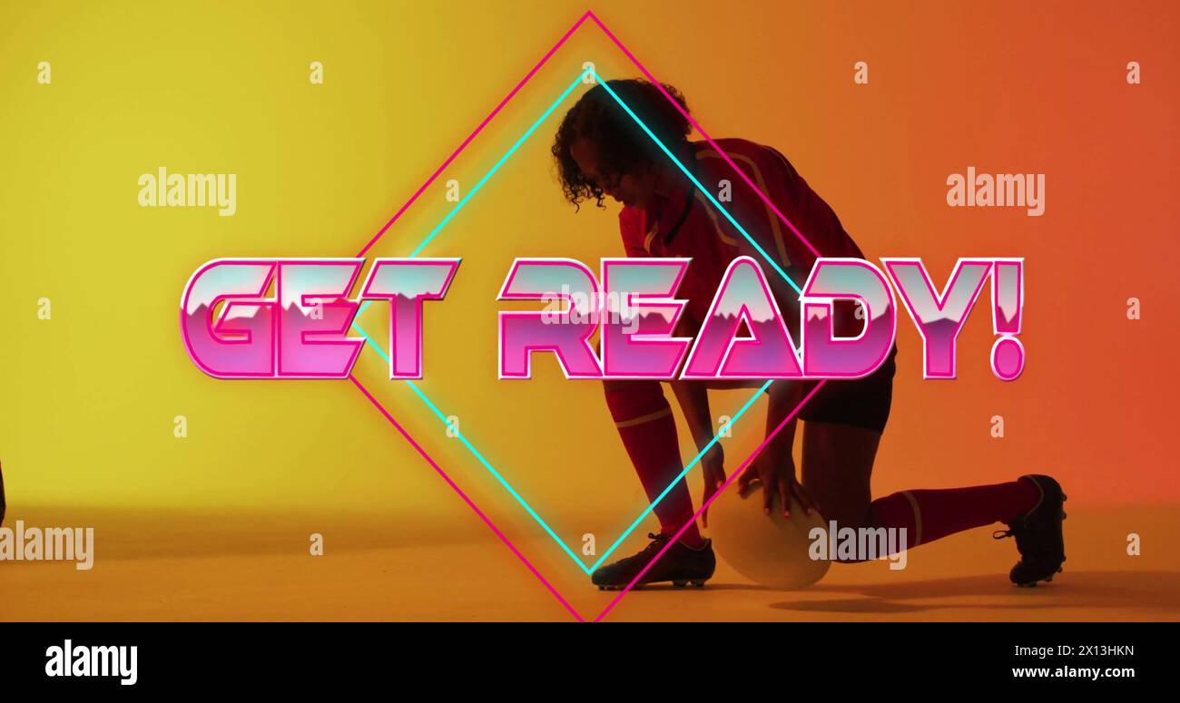 Image of get ready text with shapes over biracial female rugby player ...