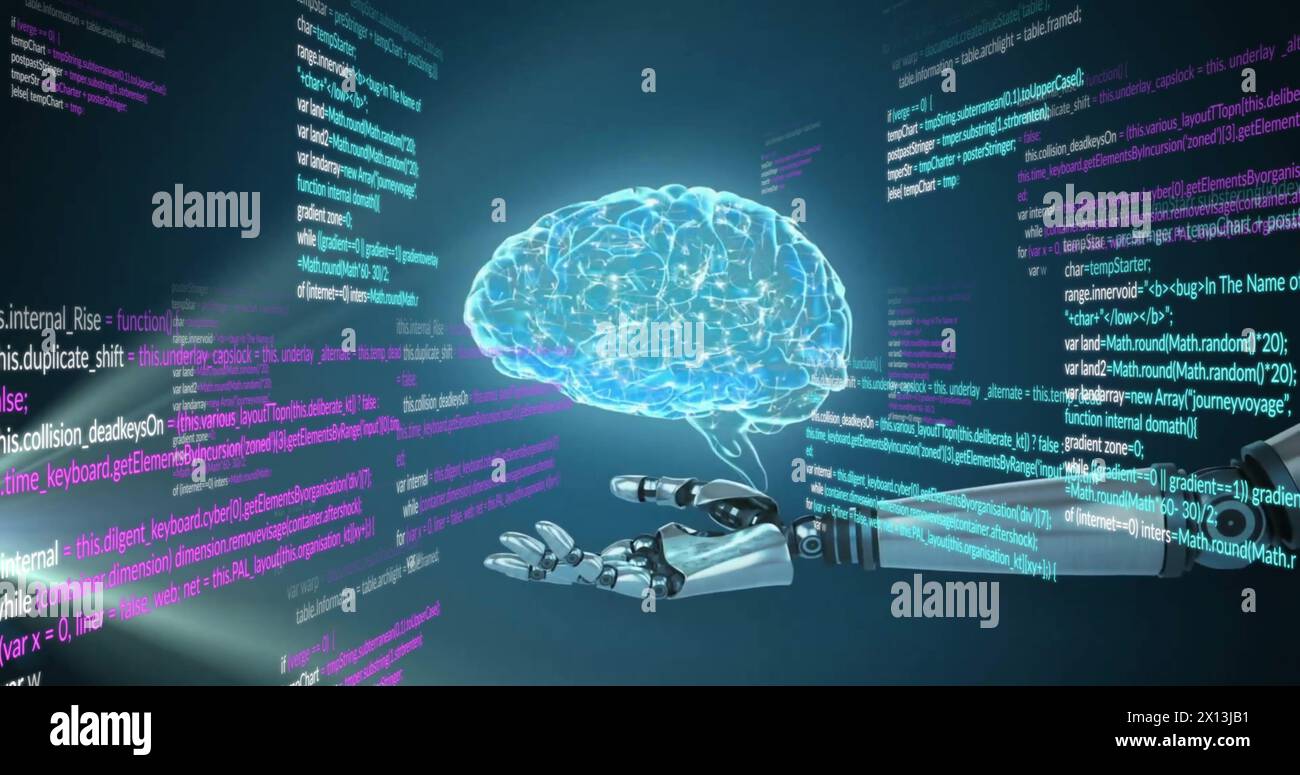 Image of human brain, robot's arm and data processing over dark ...