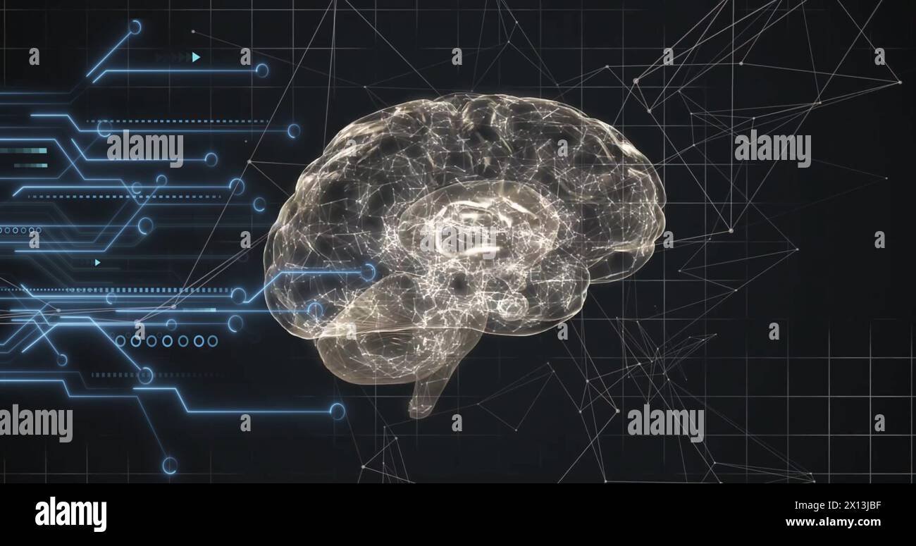 Image of human brain and data processing over dark background Stock ...