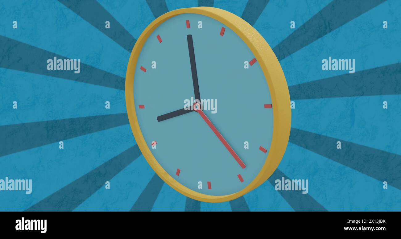 Image of 3d yellow clock icon rotating over radial stripes on blue ...