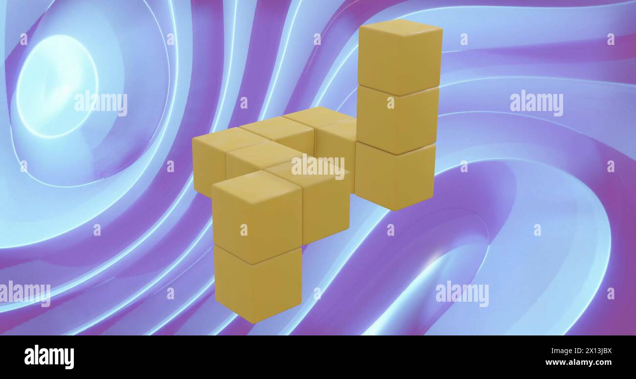 Image of 3d block structure floating over undulating blue grooved ...