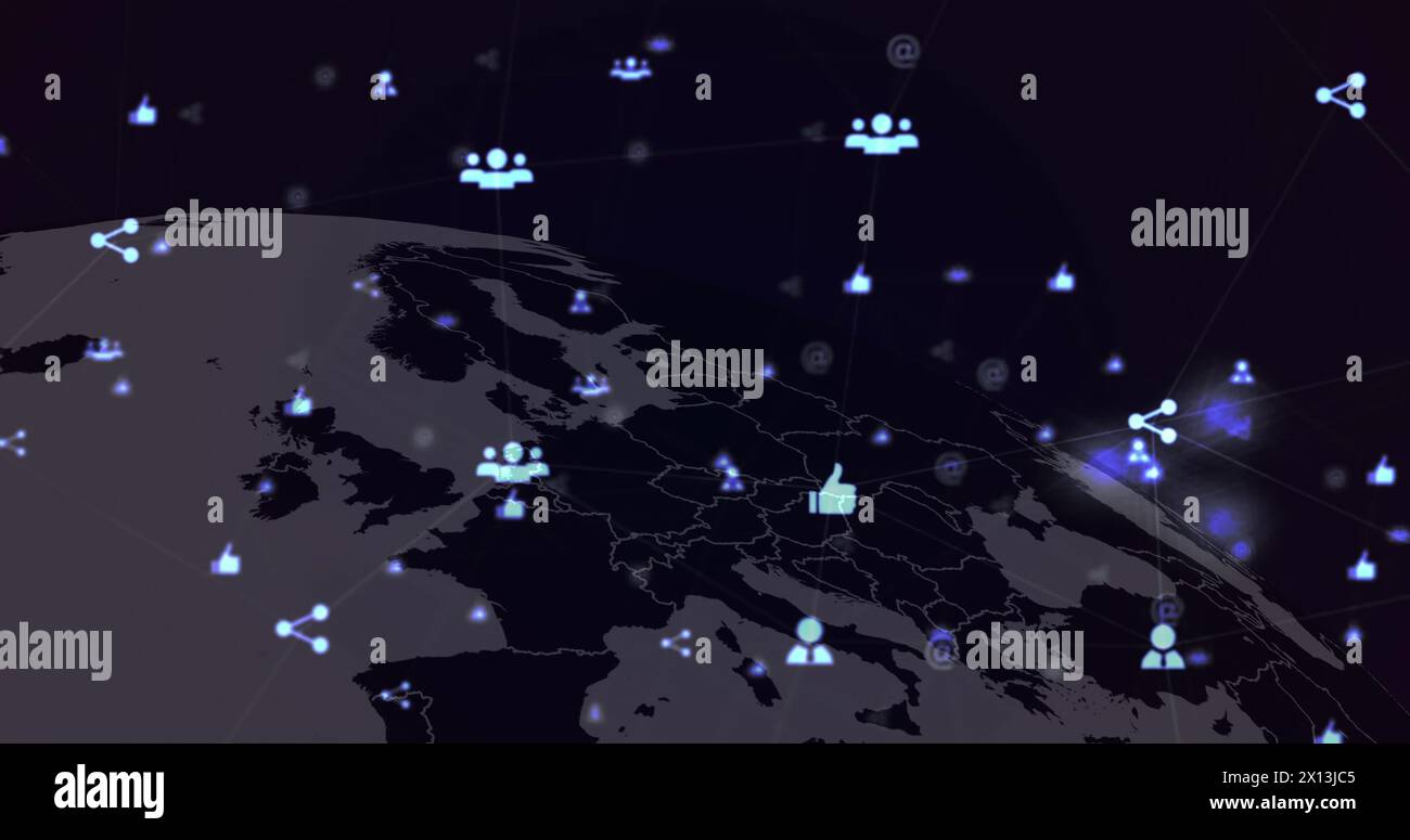 Image of web of connections with icons floating over a world map on a ...