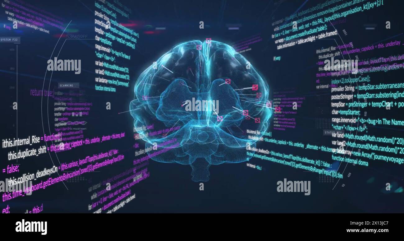 Image of human brain and data processing over dark background Stock ...