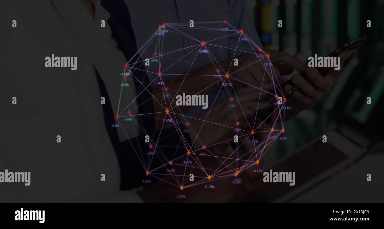 Image of web of connections with numbers floating over a gorup of ...