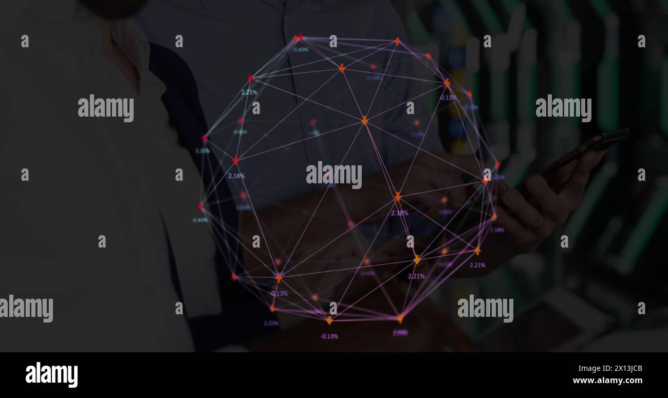 Image of web of connections with numbers floating over a gorup of ...