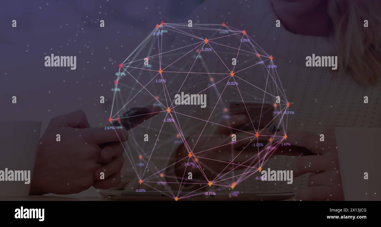 Image of web of connections with numbers floating over man and woman using smartphones Stock ...