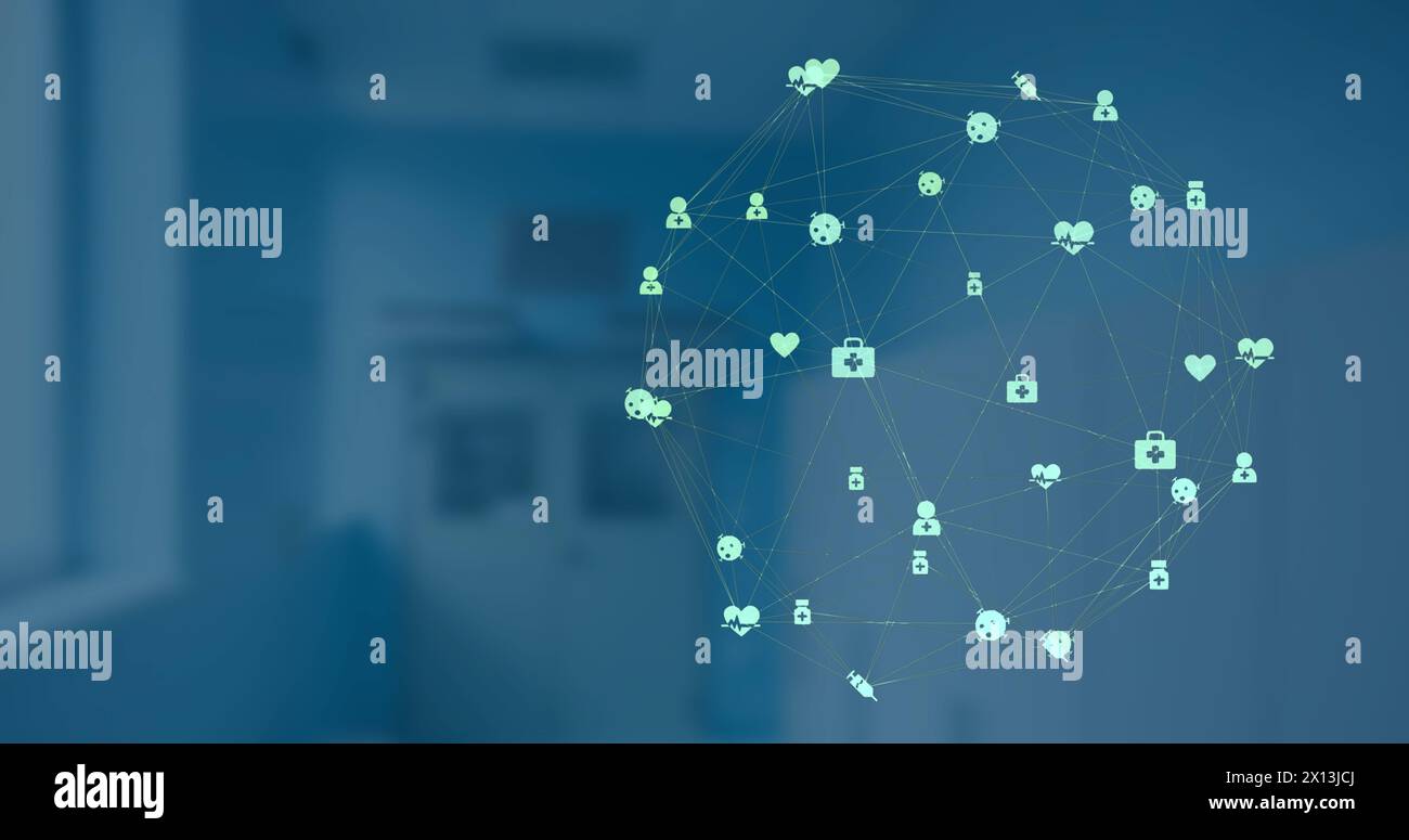 Image of network of connection with interface medical icons on a blue ...