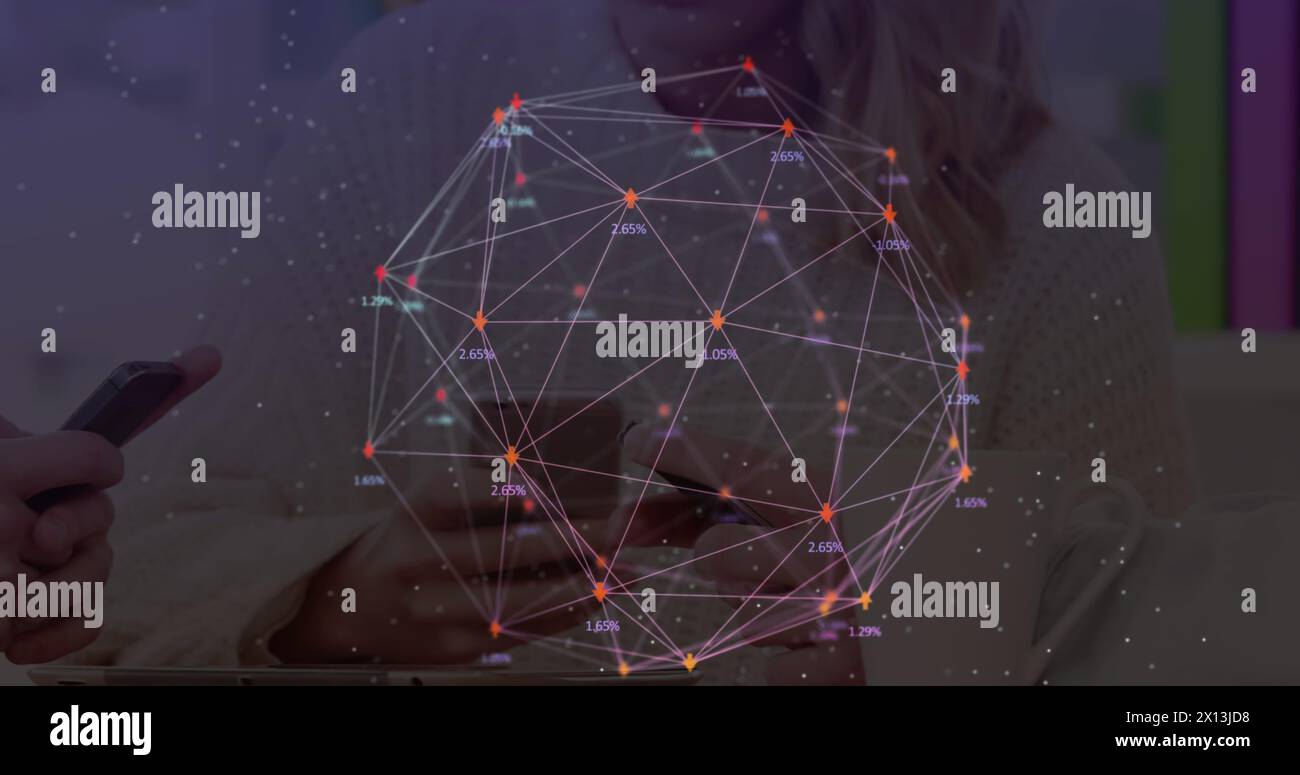 Image of web of connections with numbers floating over man and woman using smartphones Stock ...