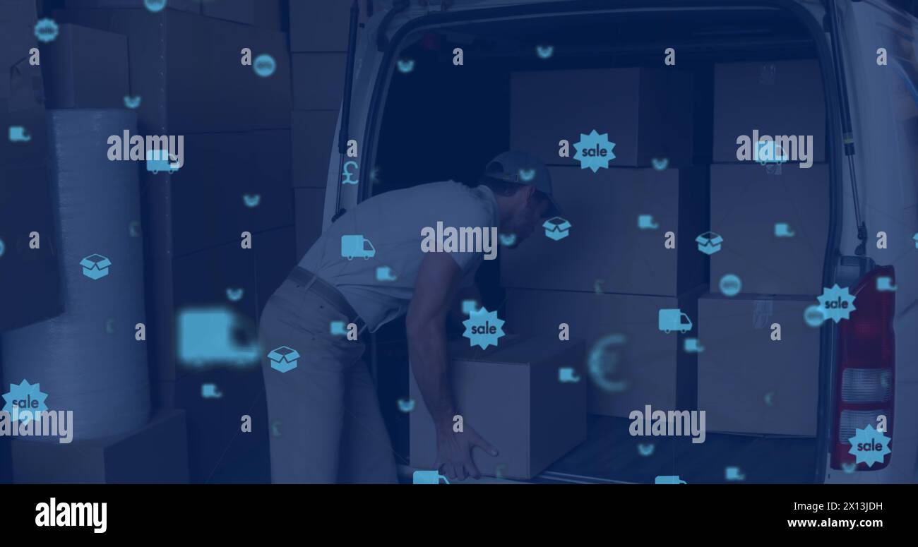 Image of digital icons floating over a caucasian delivery man packing ...