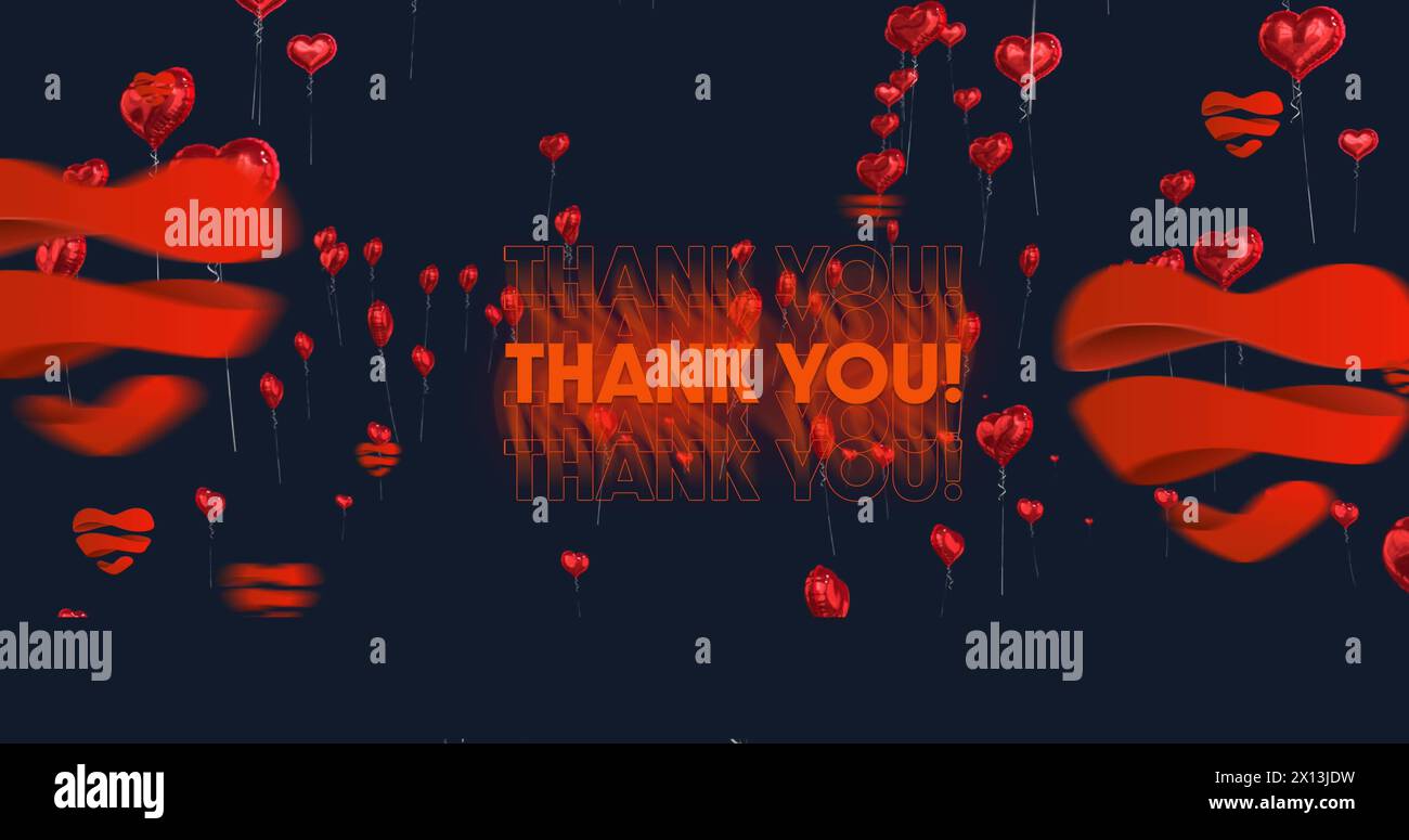 Image of thank you text in red with red hearts flying up on black ...